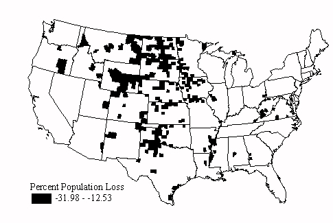 Figure 4. Percent Population Loss for U.S. Counties, 1980-1990